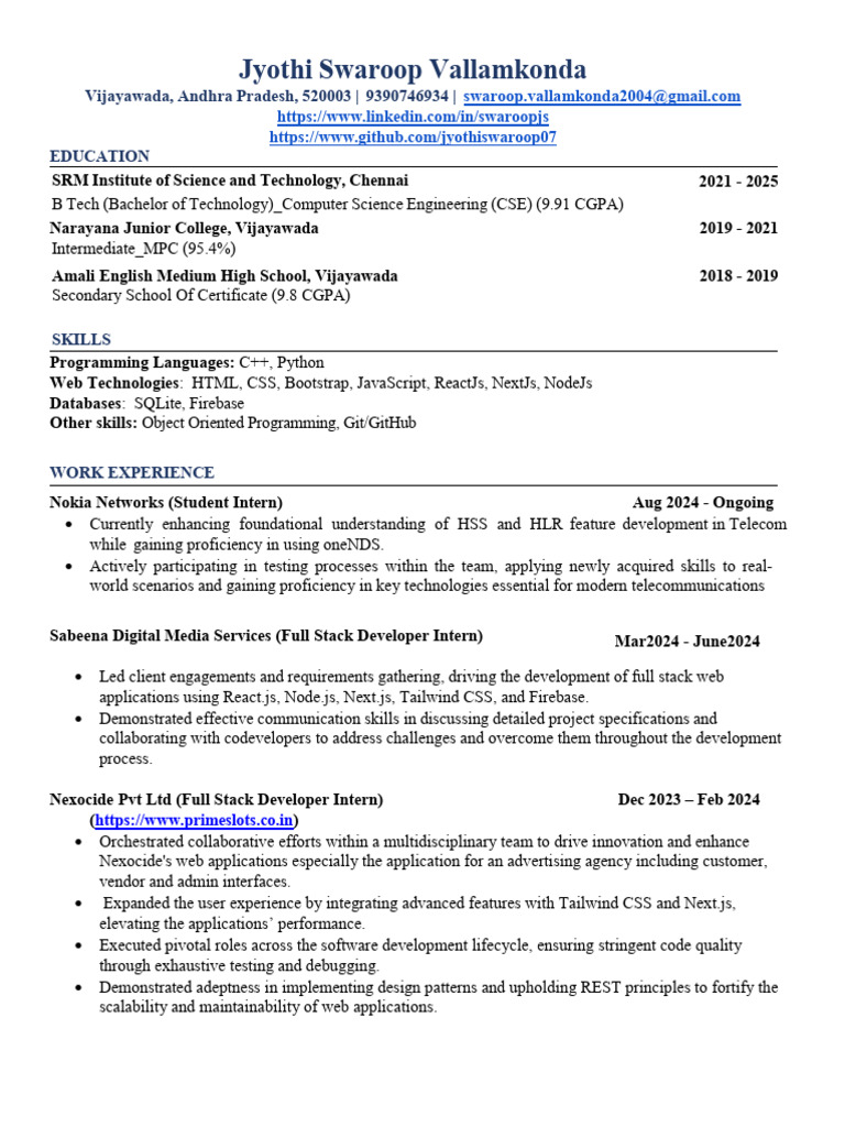 Jyothi Swaroop Resume 2024 | PDF | Software Engineering | Systems Engineering
