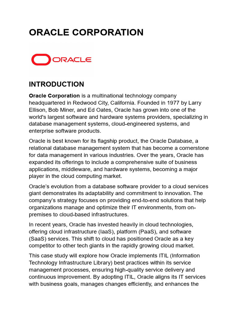 Oracle Corporation Case Study | PDF | Oracle Corporation | Cloud Computing Oracle Corporation Case Study | PDF | Oracle Corporation | Cloud Computing