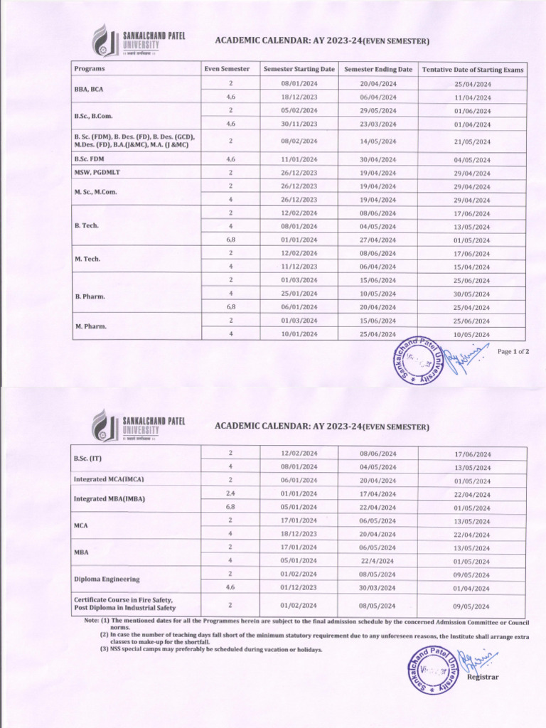 Academic Calendar 2023 24 Even Semester | PDF