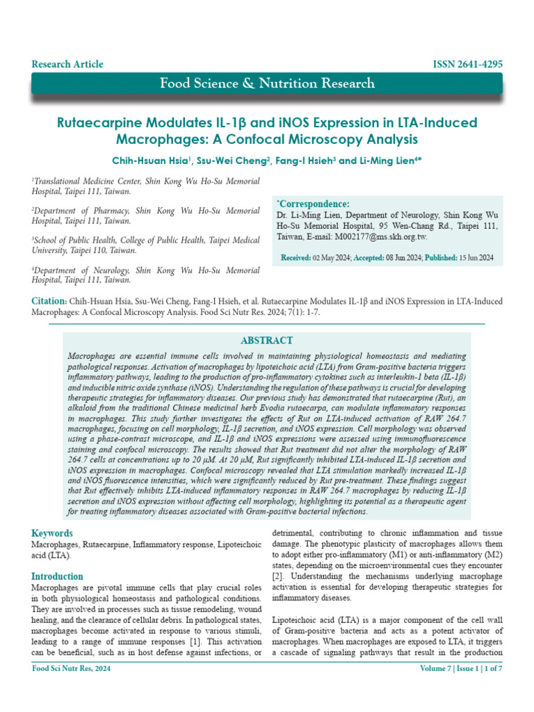 Rutaecarpine Modulates IL-1β and iNOS Expression in LTA-Induced ...