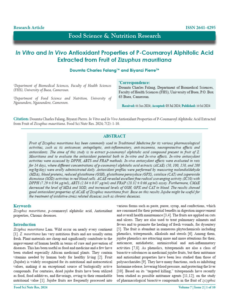 In Vitro and in Vivo Antioxidant Properties of P-Coumaroyl Alphitolic Acid Extracted From Fruit ...