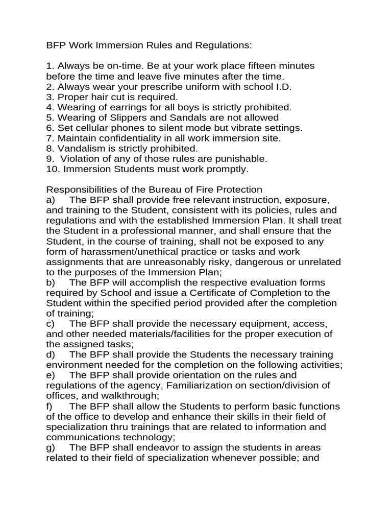 BFP Work Immersion Rules and Regulations | PDF