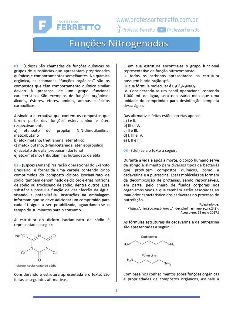 4 Questões Funções Nitrogenadascvbfsxcdbfdxg - FDSFG | PDF | Amina | Amida