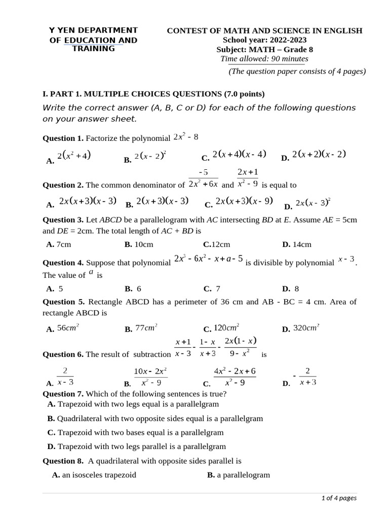 ĐỀ THI TOÁN BẰNG TIẾNG ANH LỚP 8 | PDF | Rectangle | Elementary Mathematics