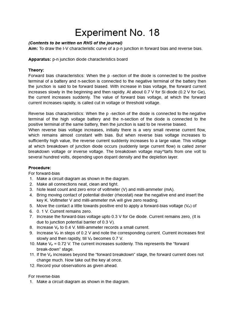 Experiment No. 18 | PDF | P–N Junction | Diode