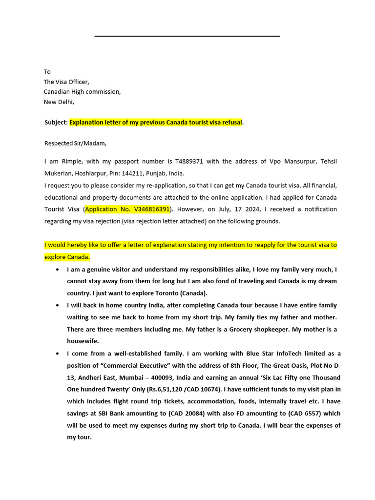 Visa Reapplication Explanation Letter | PDF | Travel Visa | Government ...