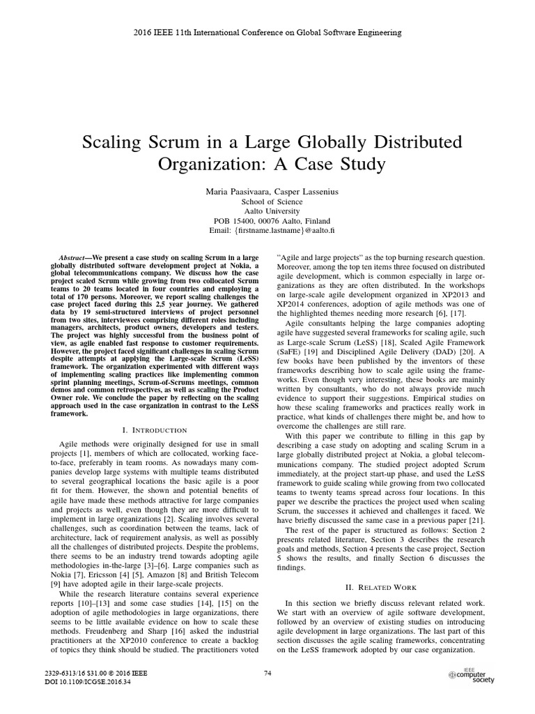 Scaling Scrum in A Large Globally Distributed Organization A Case Study | PDF | Agile Software ...