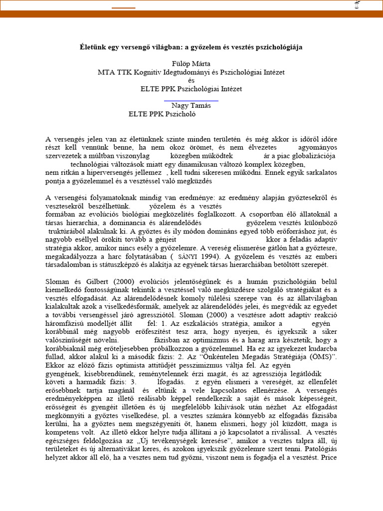 Életünk Egy Versengő Világban-A Győzelem És Vesztés Pszichológiája | PDF
