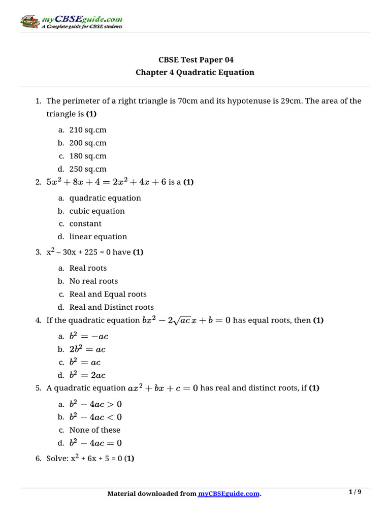 10 Maths Test Paper ch4 4 | PDF | Quadratic Equation | Mathematical ...