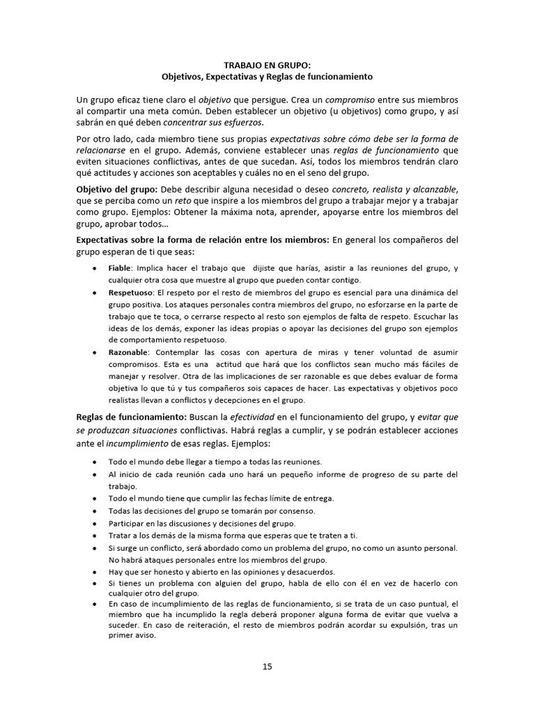 Trabajo en Grupo-Objetivo Expectativas y Reglas de Funcionamiento | PDF ...