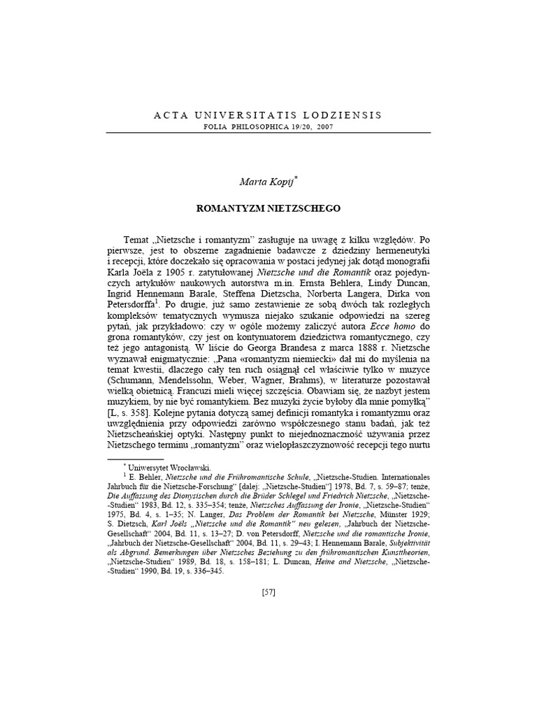 Marta Kopij, Romantyzm Nietzschego, S. 57 - 72 | PDF