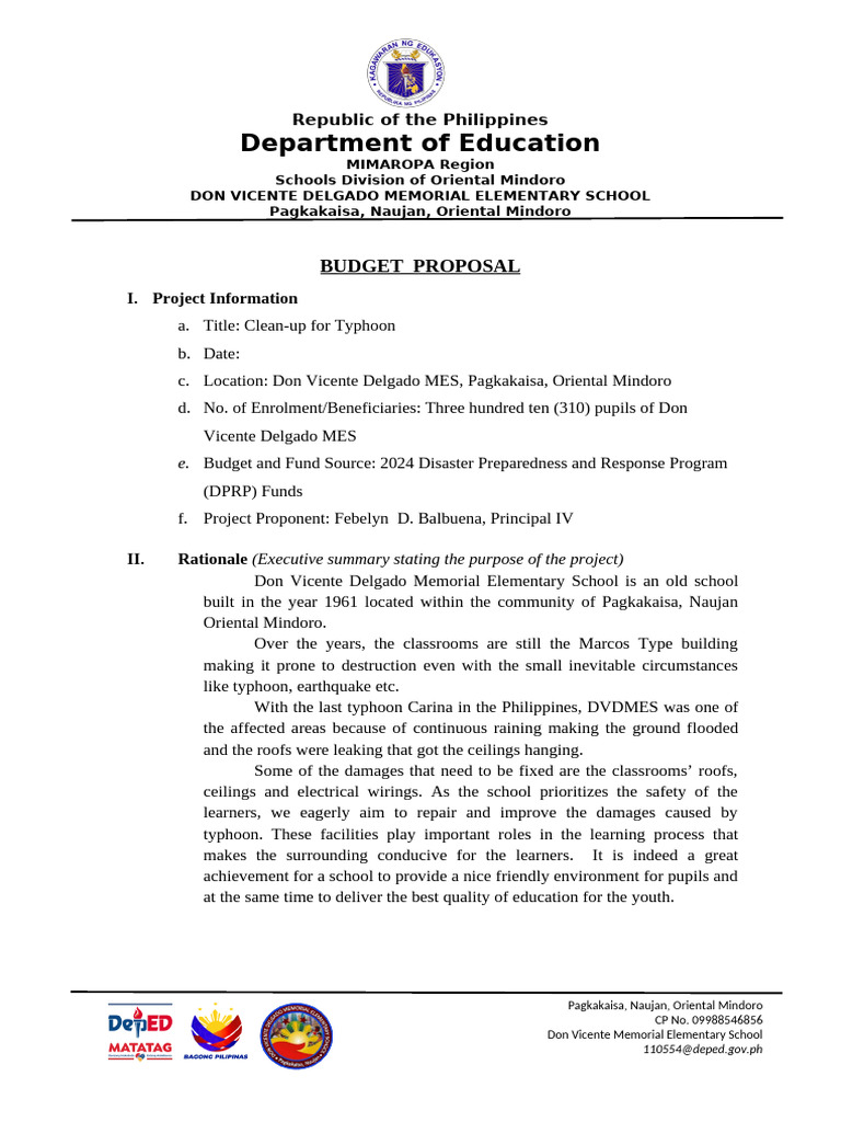 Budget Proposal For Clean-Up | PDF | Classroom