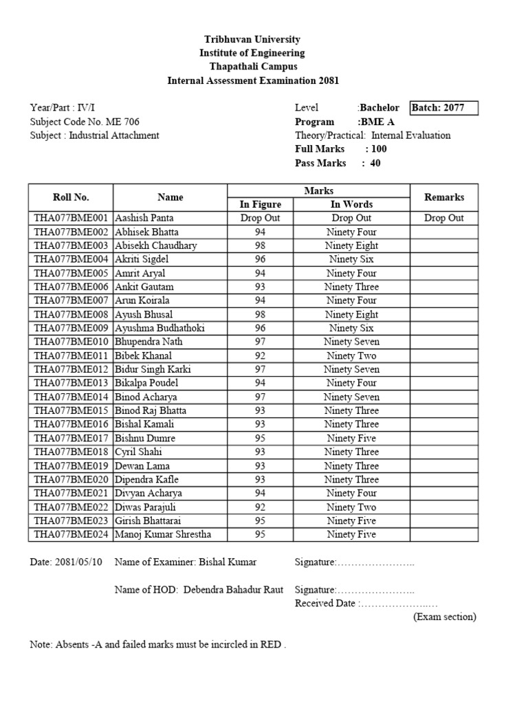 Internal Evaluation Final BME 2077 Industrial Attachment | PDF