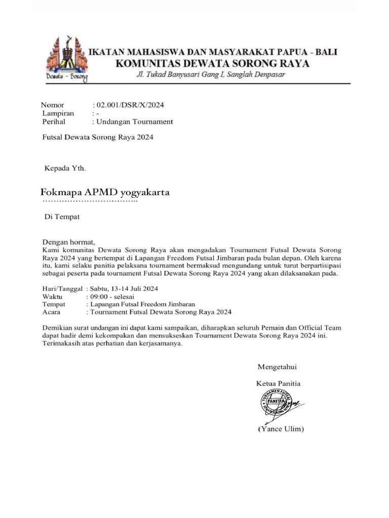 Undangan Tournamen Futsal Dewat Soq 2024 | PDF