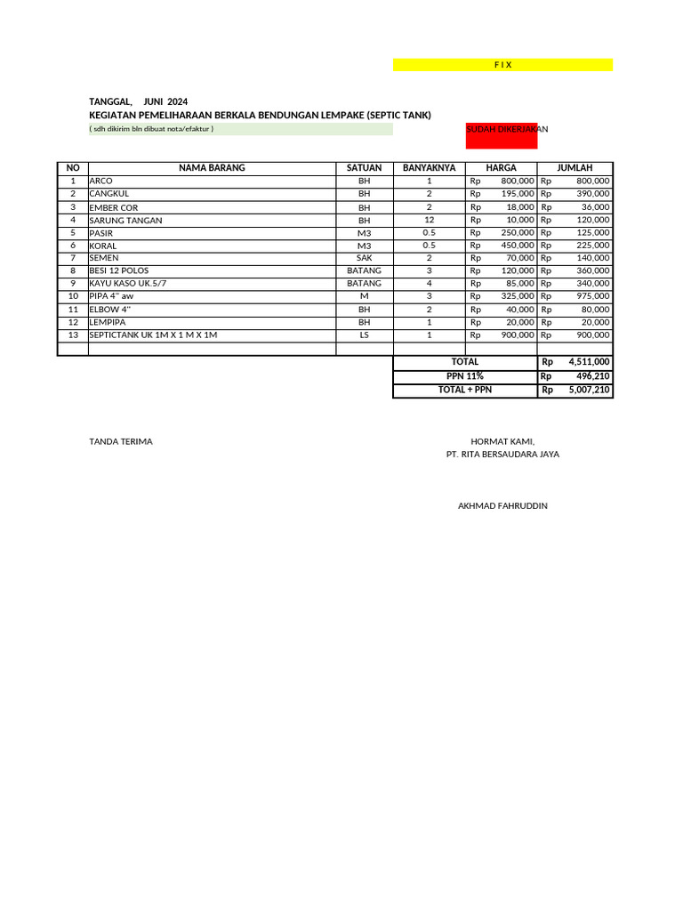 Nota Bahan Septi Tank | PDF
