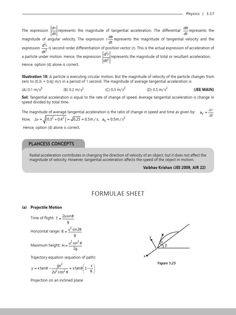 3.motion in A PlaneFormulae Sheet | PDF | Acceleration | Mechanics