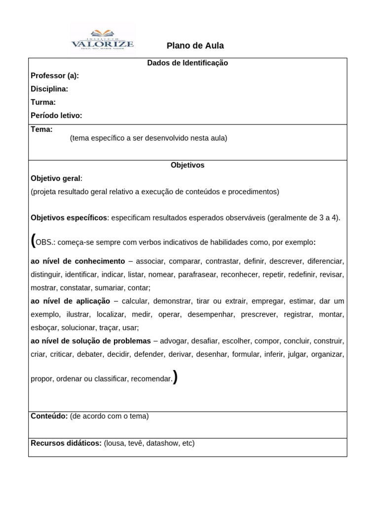 Modelo Plano de Aula - Valorize | PDF