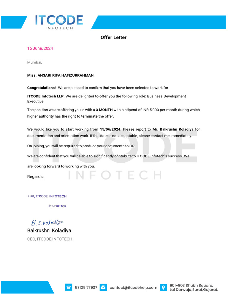 Offer for Business Dev Executive | PDF