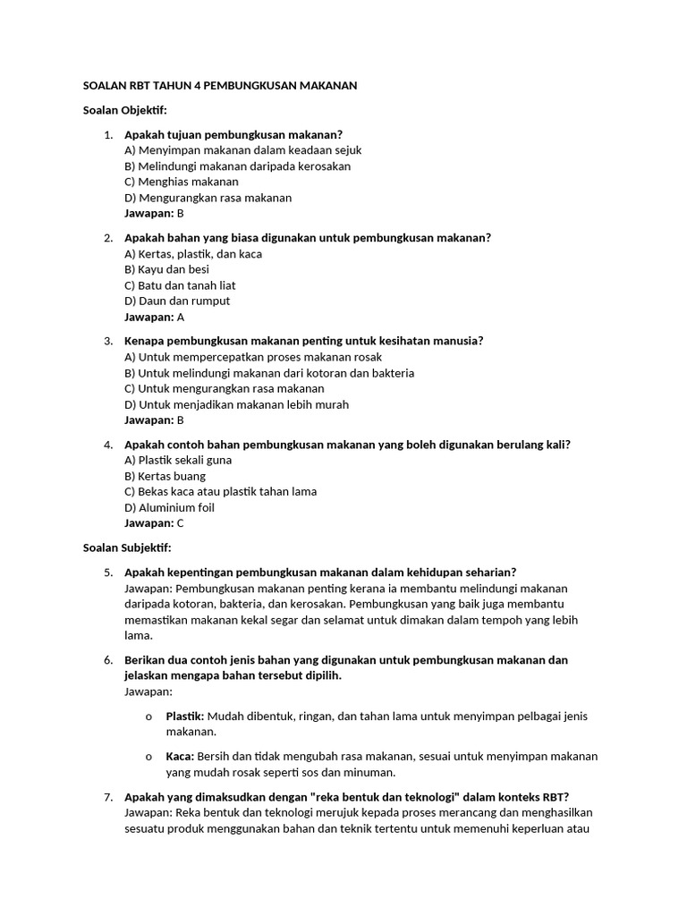 Soalan RBT Tahun 4 Pembungkusan Makanan | PDF
