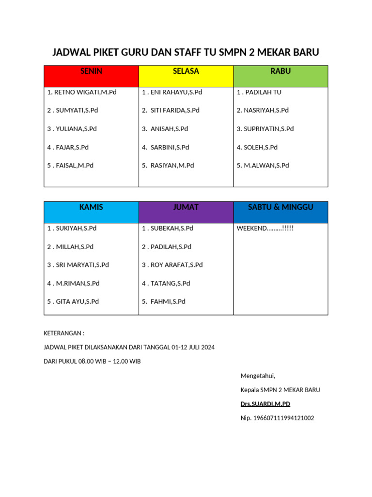 Jadwal Piket Guru Dan Staff Tu SMPN 2 Mekar Baru | PDF