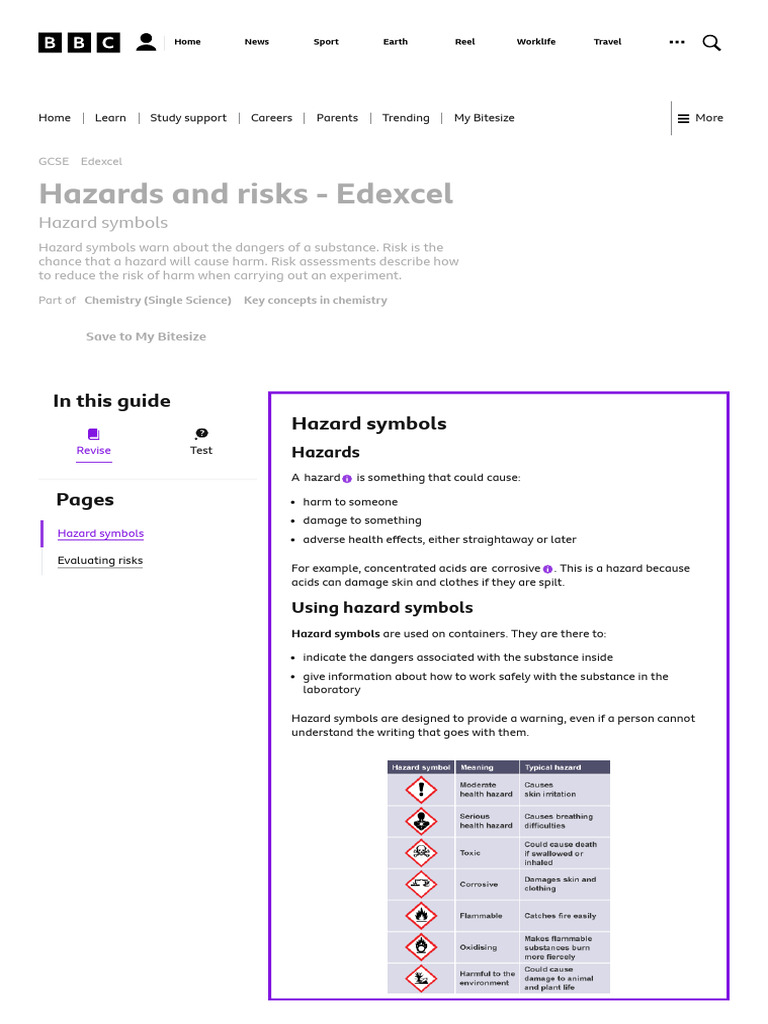 Hazard Symbols - Hazards and Risks - Edexcel - GCSE Chemistry (S | PDF