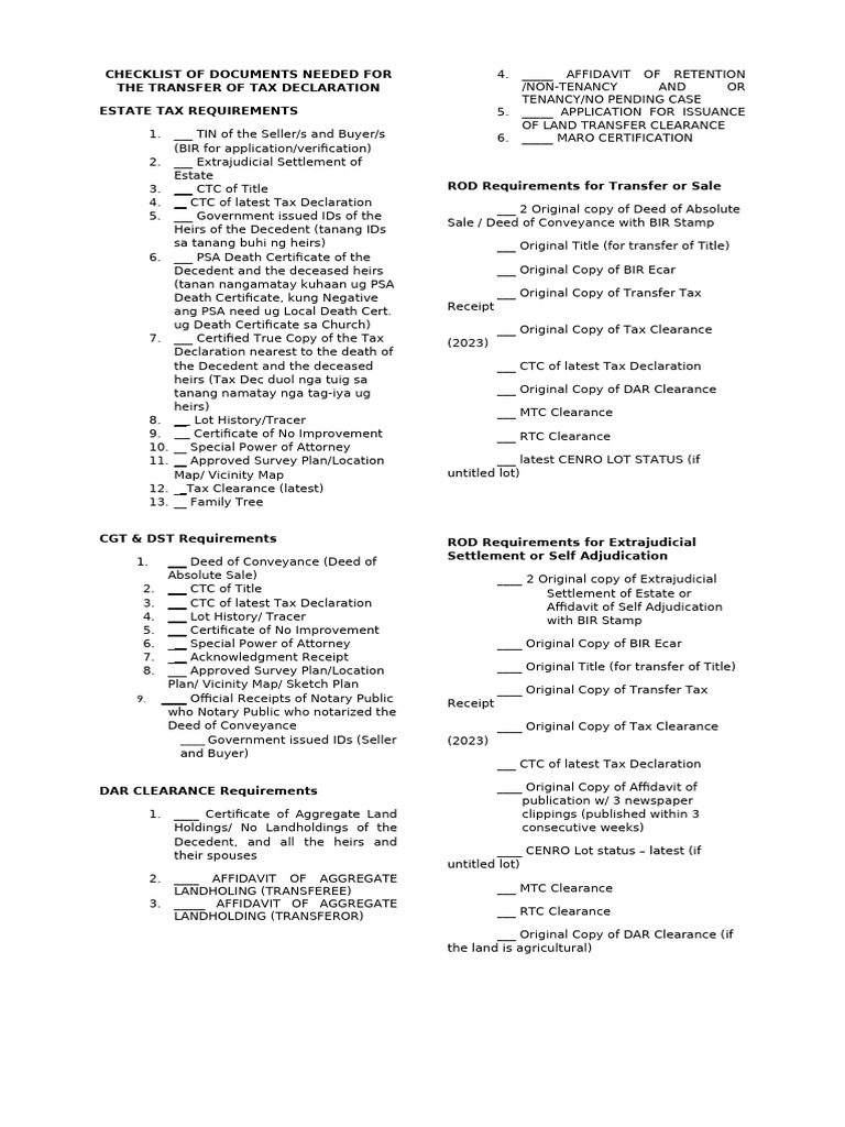 CHECKLIST OF DOCUMENTS NEEDED FOR THE TRANSFER OF TAX DECLARATION | PDF | Conveyancing ...