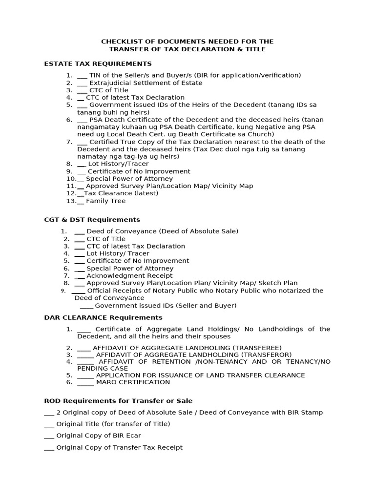 CHECKLIST OF DOCUMENTS NEEDED FOR THE TRANSFER OF TAX DEC & TITLE 3.0 ...