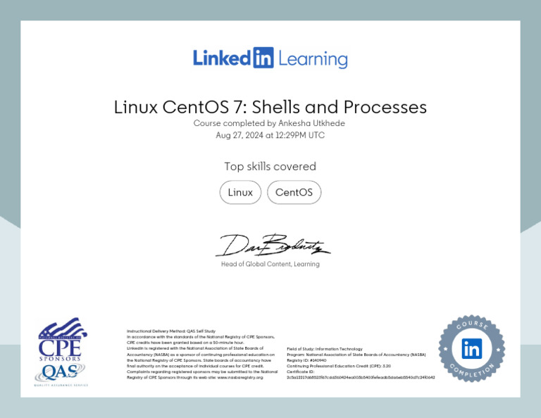 CertificateOfCompletion - Linux CentOS 7 Shells and Processes | PDF