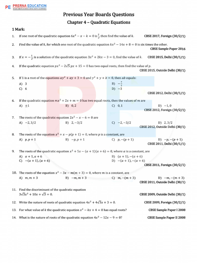 Quadratic Equations PYQs Prerna Education | PDF
