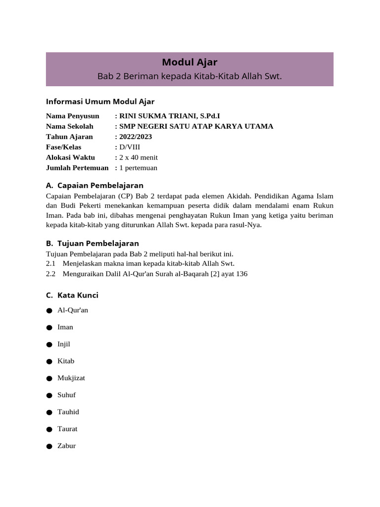 Modul Ajar PAI Bab 2 Kelas 8 SMP | PDF