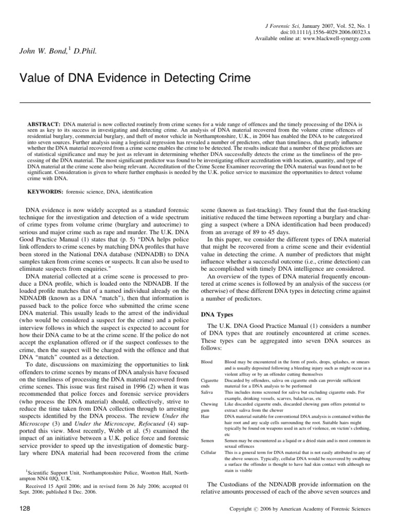 Value of DNA Evidence in Detecting Crime | PDF | Dependent And ...