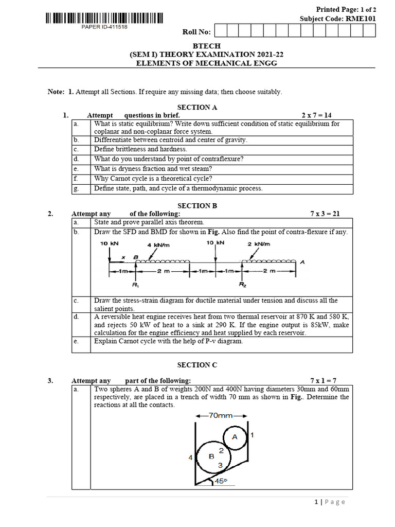 Elements of Mechanical Engineering RME101 | PDF | Heat | Beam (Structure)