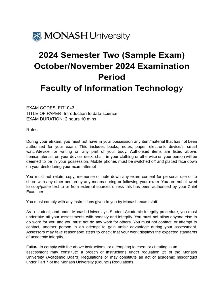 FIT1043 Sample Exam S2 2024 | PDF | Multiple Choice | Big Data