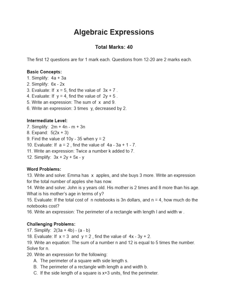 Algebraic Expressions | PDF