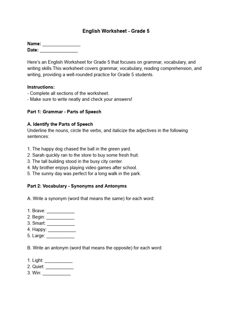 English Worksheet - Grade 5 | PDF | English Language | Part Of Speech