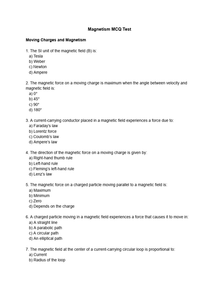 Magnetism MCQ Test | PDF | Inductor | Magnetic Field
