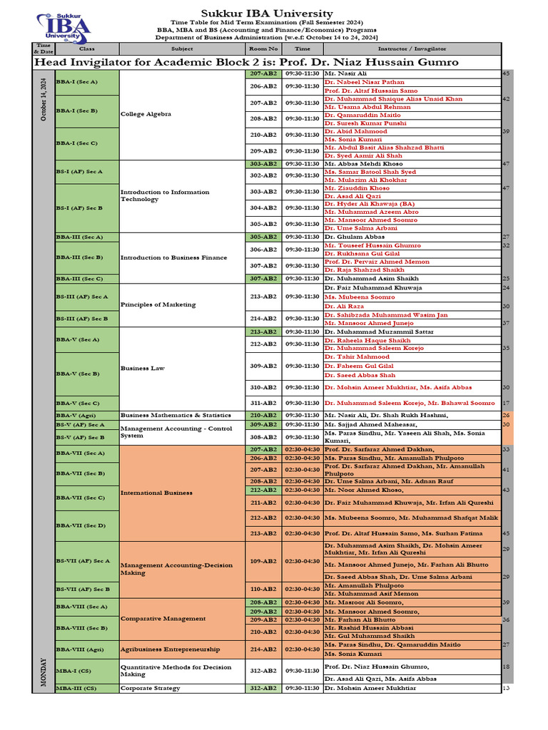 Midterm Exam Schedule - Fall 2024 | PDF