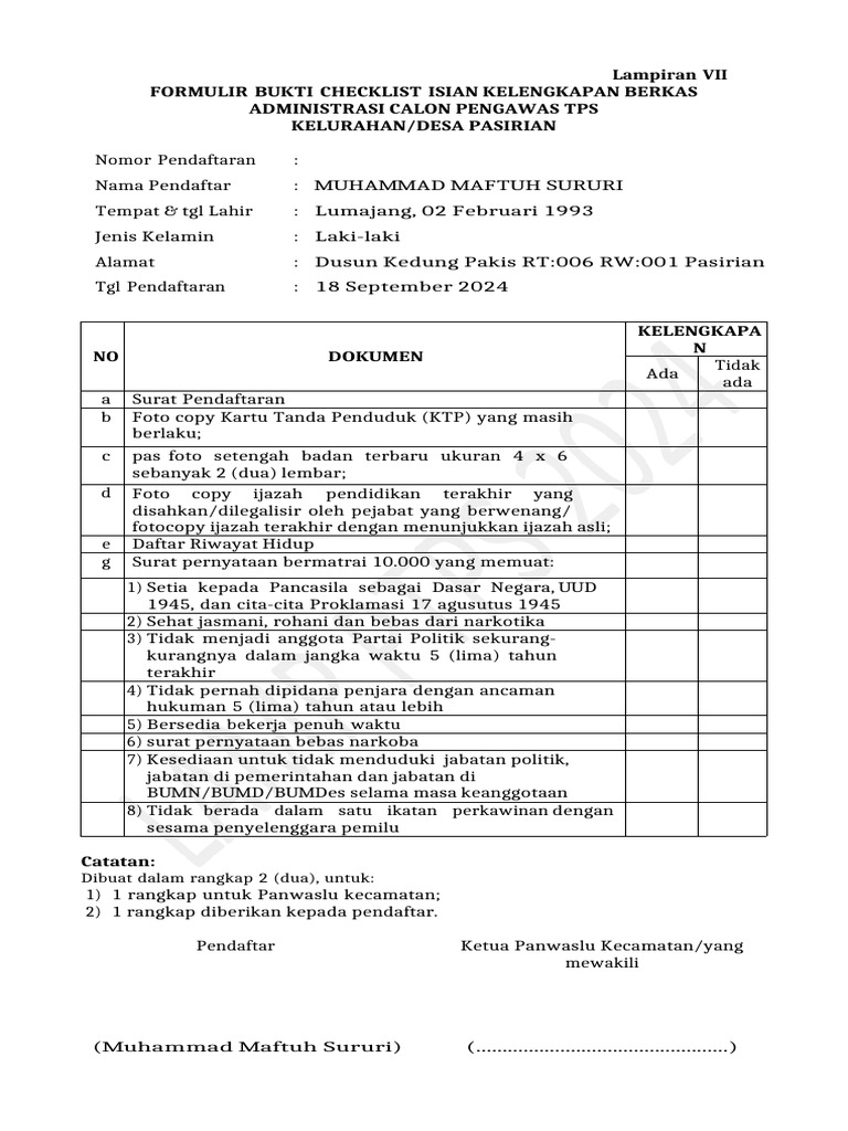 Formulir Bukti Checklist Isian Kelengkapan Berkas | PDF