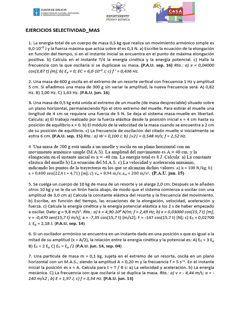 EJERCICIOS SELECTIVIDAD - MASeso Perood | PDF | Oscilación | Fenomeno fisico