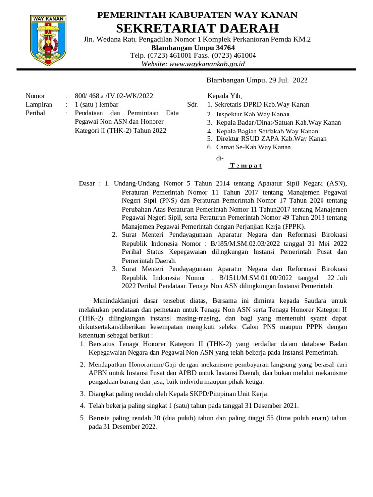 Surat Edaran Permintaan Data Non ASN 2022 Fix-1 | PDF