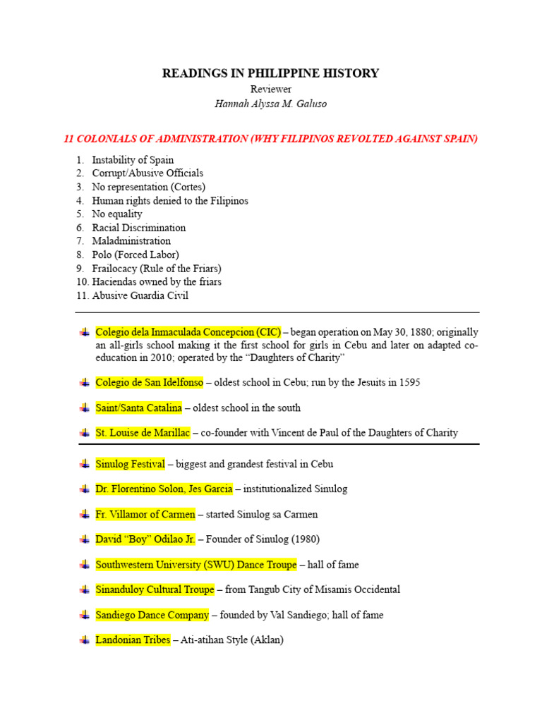 READINGS IN PHILIPPINE HISTORY Reviewer | PDF | Philippines