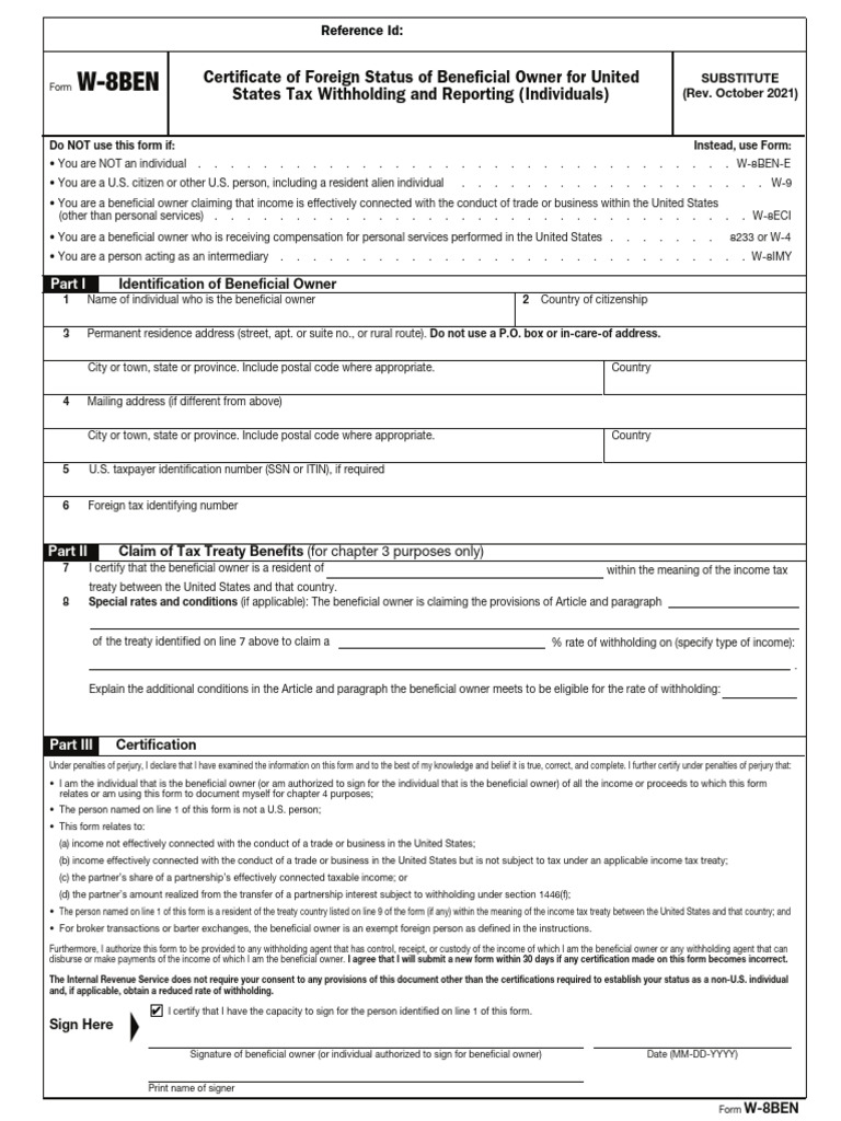 Form W-8 BEN (Rev. October 2021) | PDF | Tax Treaty | Taxes