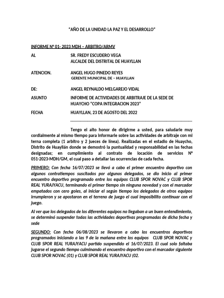 Informe Arbitraje Huayllan 2023 | PDF | Deportes | Asociación de Futbol