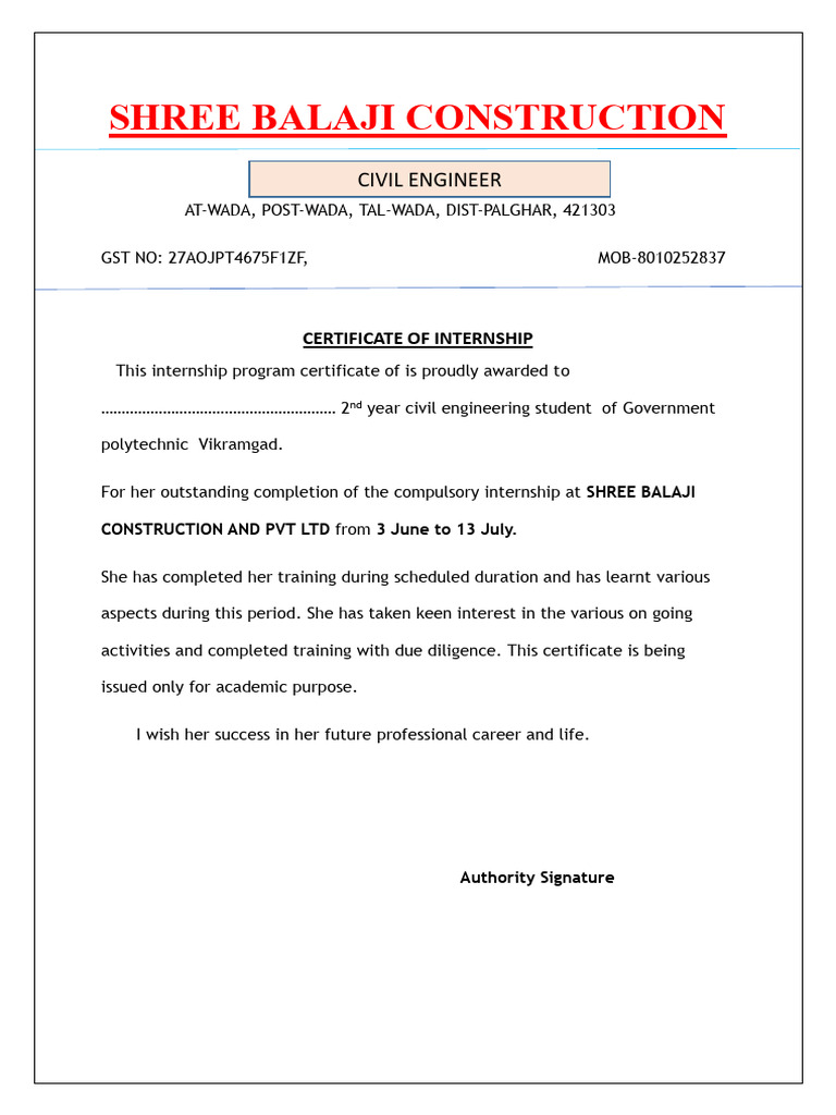 Internship Certificate for Civil Engineering | PDF