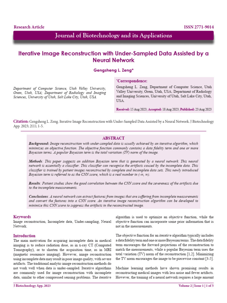Iterative Image Reconstruction With Under-Sampled Data Assisted by A Neural Network | PDF ...