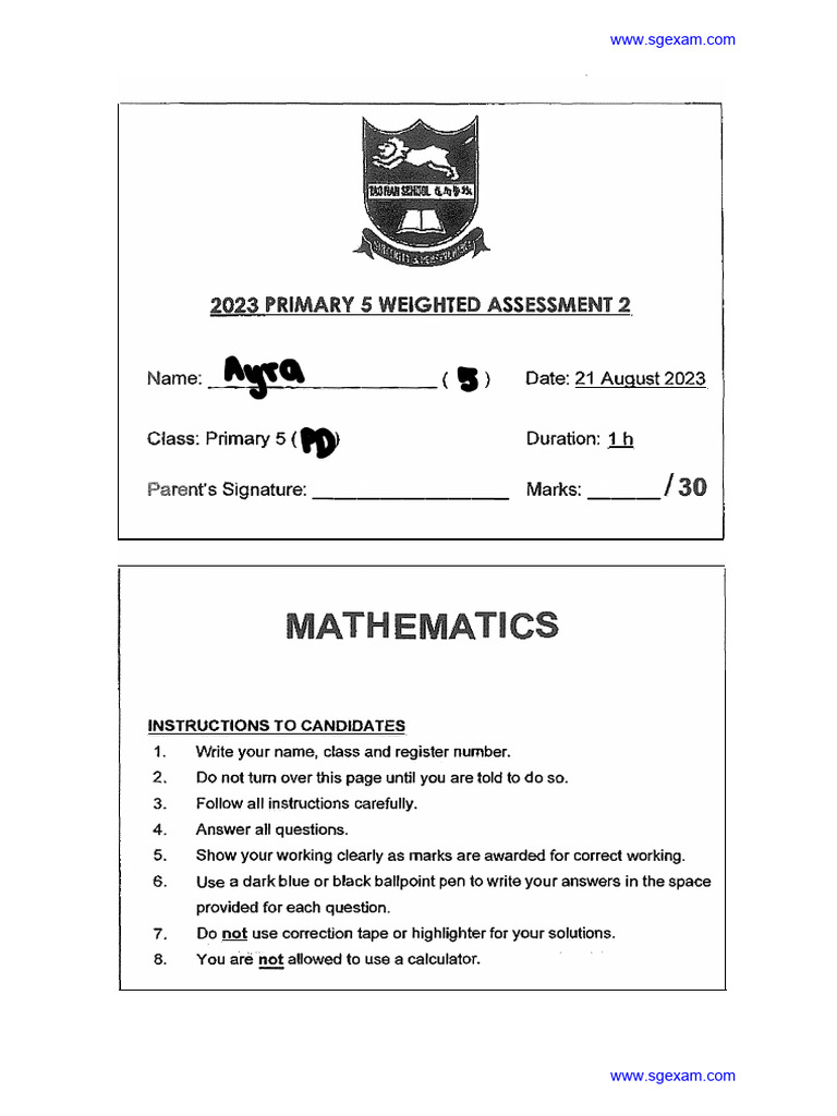 2023 P5 Maths Weighted Assessment 2 Tao Nan | PDF