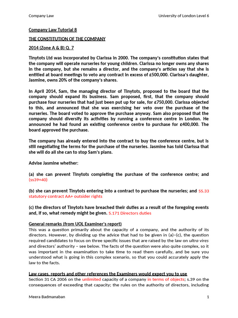 Company Law Tutorial 8 | PDF | Constitution | Private Law