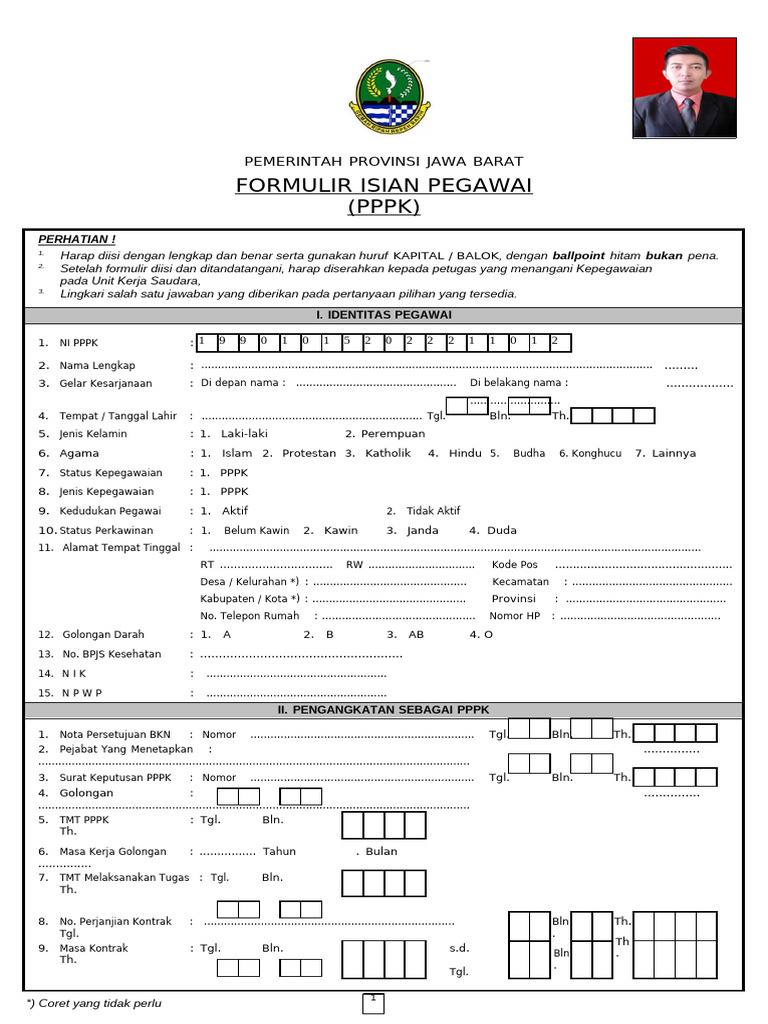 Formulir Isian Pegawai (PPPK) : Pemerintah Provinsi Jawa Barat | PDF