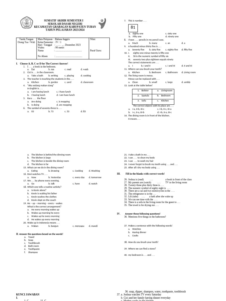 SAS B INGRIS Kelas 4 | PDF | Home | Room