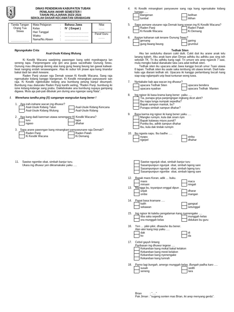 SOAL BHS. JAWA KELAS 4 - Ragil Sunu | PDF